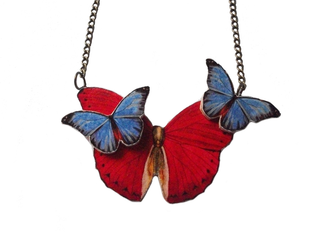 Red Butterfly Necklace, Blue Butterfly, Wooden Necklace, Statement ...